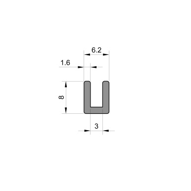 Square Rubber U Channel (3mm Panel Gap x 8mm High)