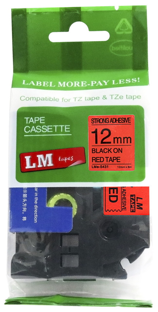 LM Tape Compatible TZe-S431 1/2 Black On Red Extra Strength Tape, 12mm ...