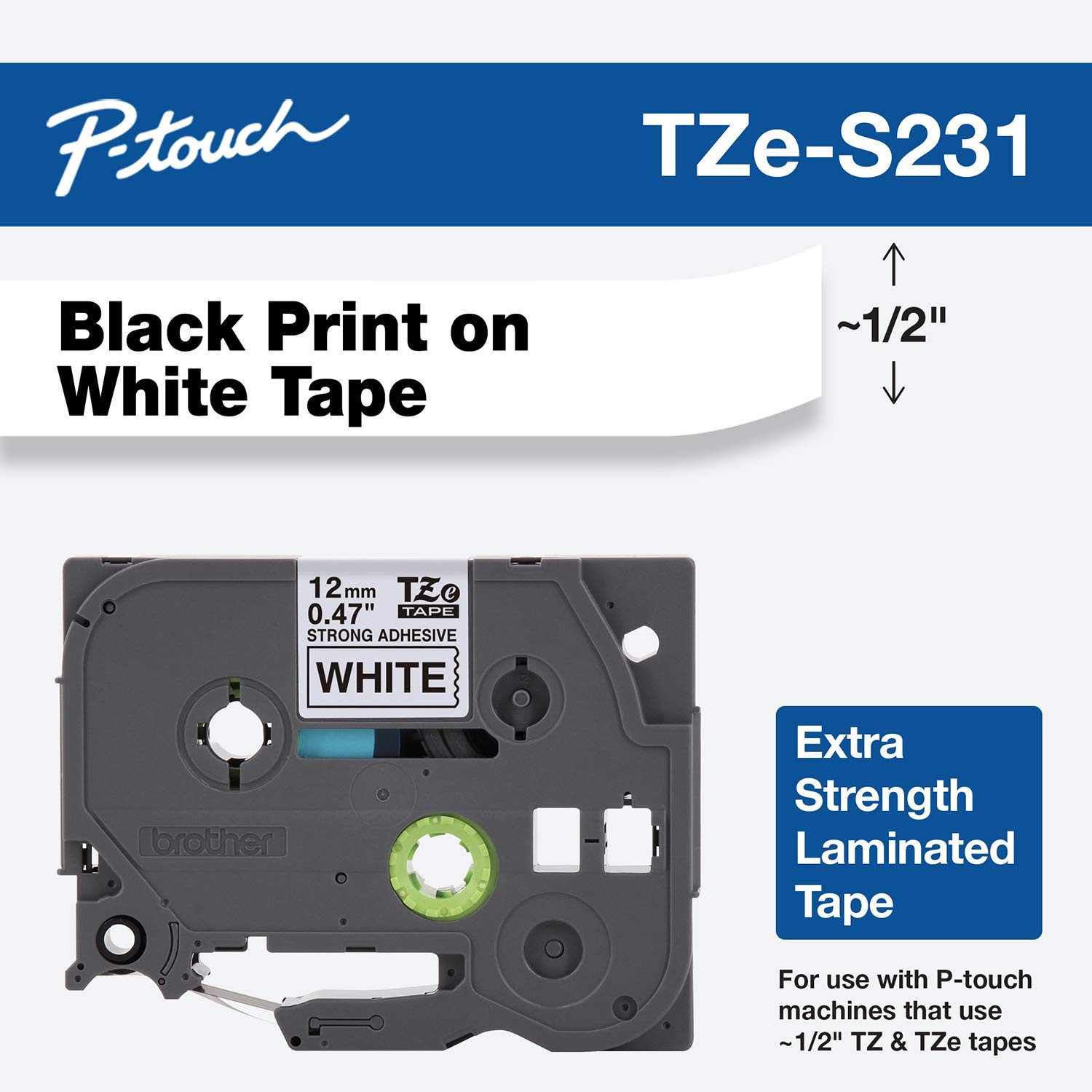 Brother TZe-S231 1/2 Black on White Extra Strength Tape - 12mm TZS231