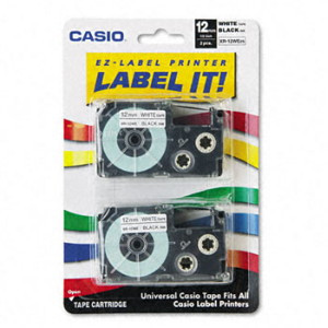 Casio XR12WE2S 1/2 Black on White Tape Cassettes, 2/Pack