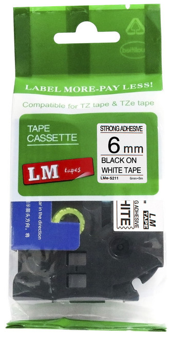 Brother TZe-S221 3/8 Black on White Extra Strength Tape - 9mm TZS221