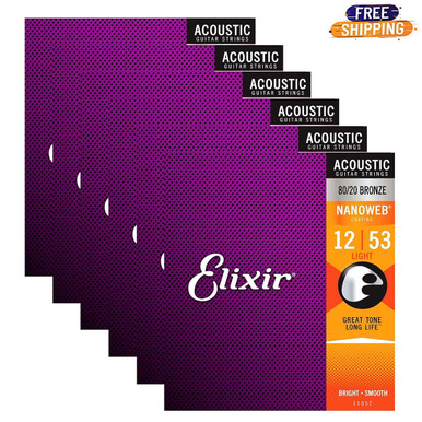 Elixir 80/20 Bronze Nanoweb 11052 Light 12-53 Acoustic Guitar Strings ...