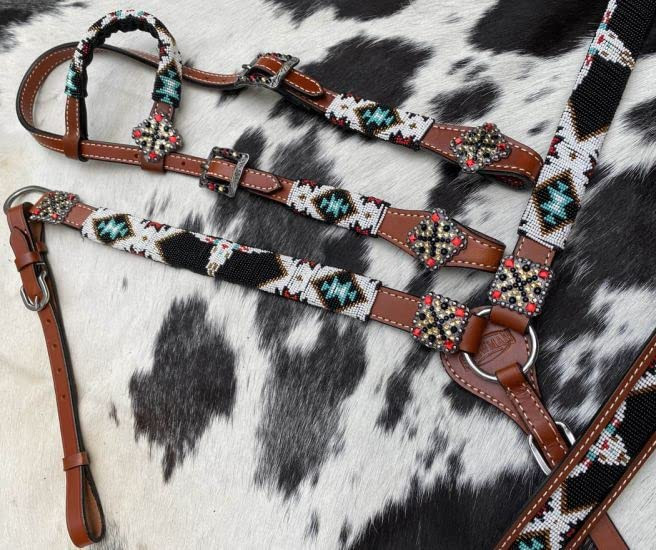 Showman Steer Skull Beaded Design Leather Headstall & Breast Collar Set ...