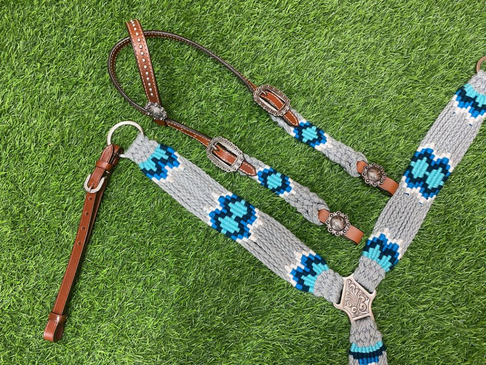 Showman Gray & Blue Corded Single Ear Headstall & Breast Collar Set ...