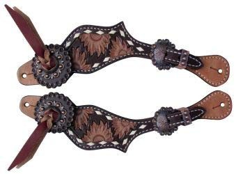 Showman ® Ladies Sunflower Tooled Spur Straps with buckstitch trim.