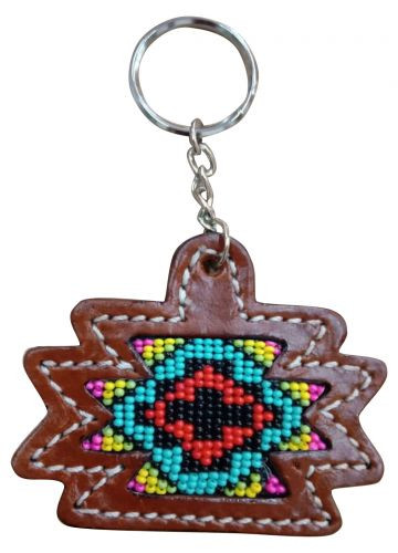 Showman ® Leather Aztec key chain with multi colored beaded cross inlay.