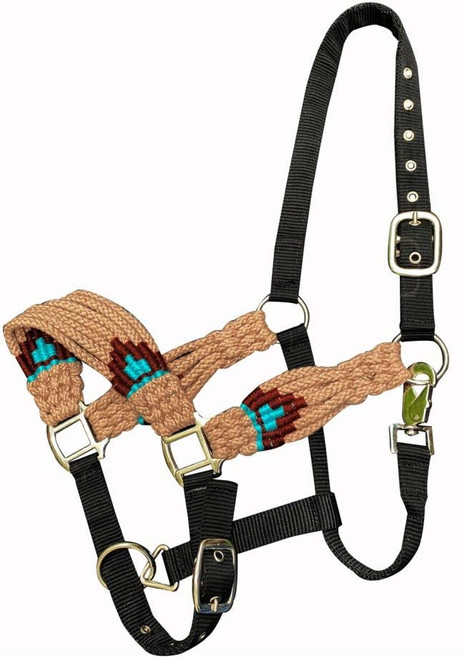 Showman Nylon Bronc Halter w/ Tan & Teal Multi-Strand String Nose ...