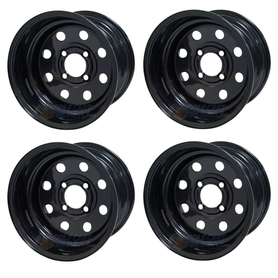 12" BLACK Steel 8-Hole Wheels - Set of 4 | Golf Cart Tire Supply