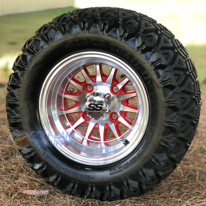 10" PHOENIX Red/Machined Golf Cart Wheels and 20" DOT All Terrain Tires ...