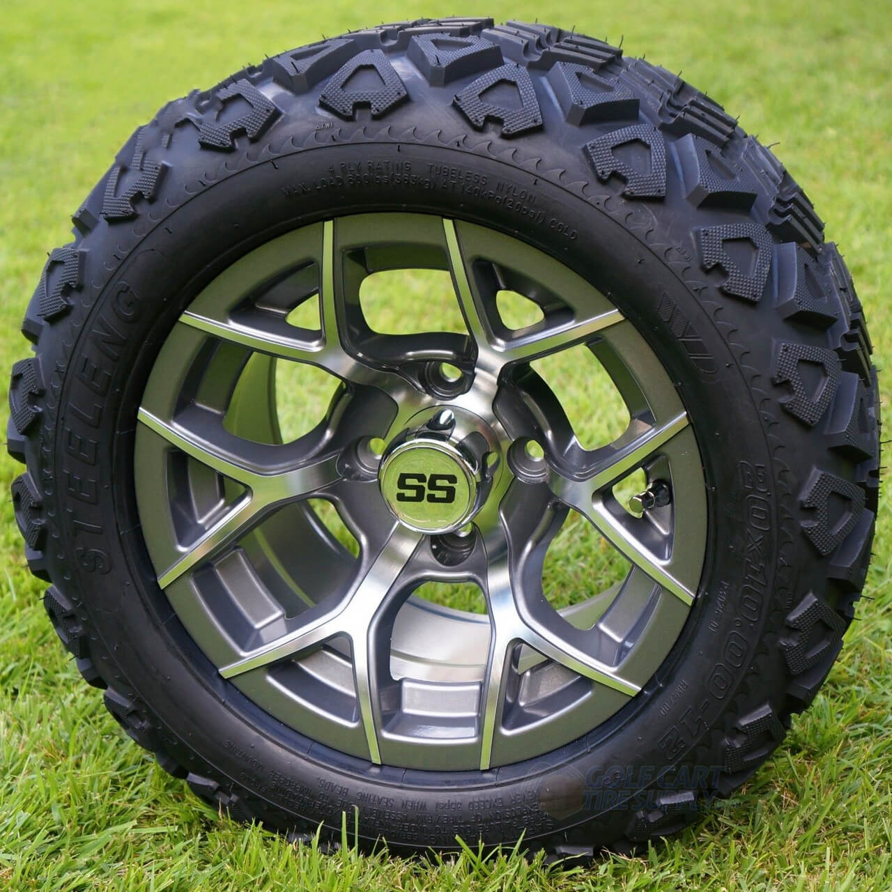 12" RALLY Gunmetal Golf Cart Wheels and 20x10-12" All Terrain Golf Cart ...
