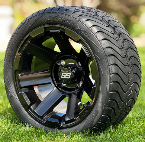 12" ATLAS Gloss Black Golf Cart Wheels and 215/40-12 Low Profile DOT ...