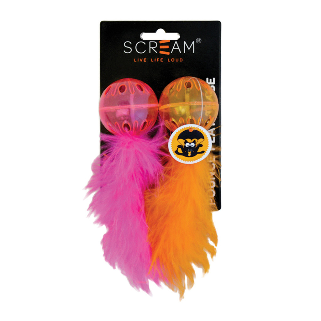 Scream Lattice Ball with Feather Loud Orange & Pink Cat Toy