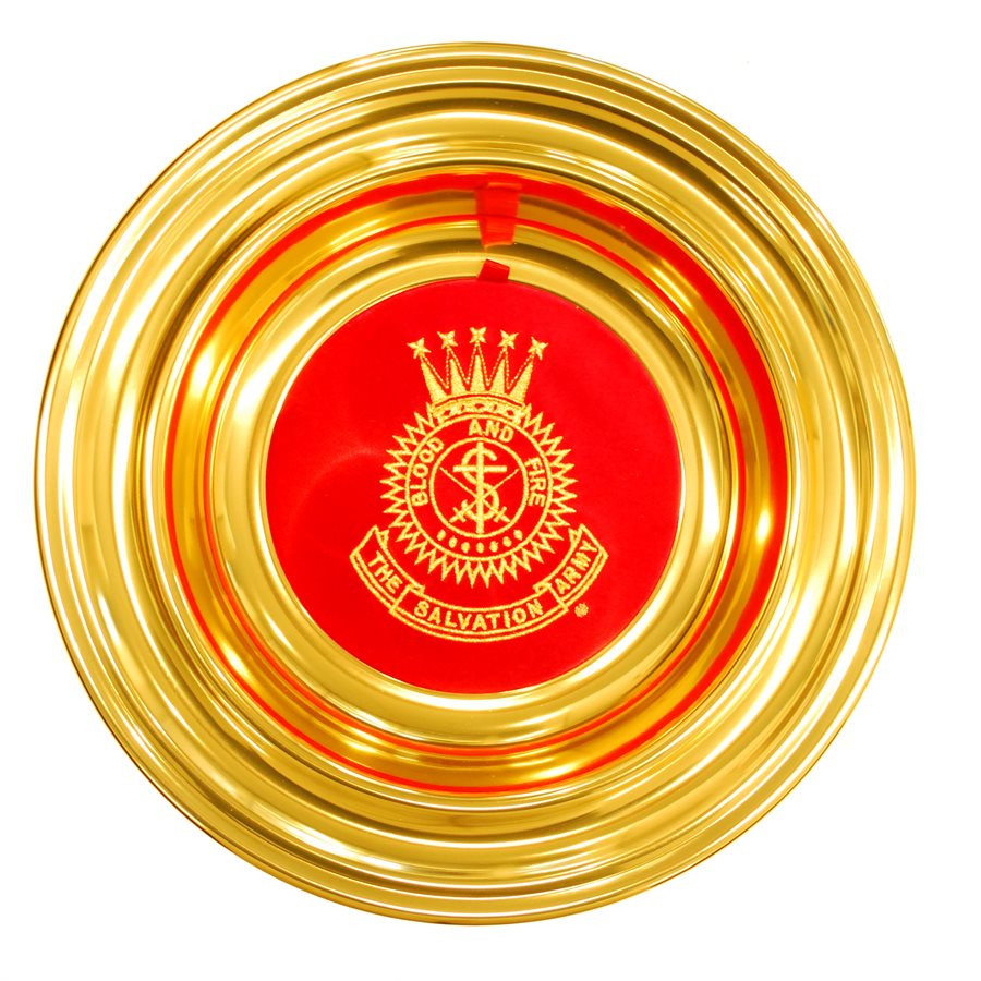 Brass Collection Plate with Red Felt Inlay and Gold Crest - Trade Central