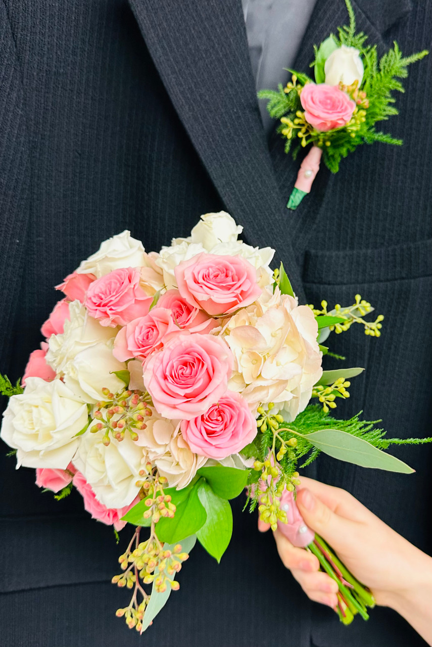 Blushing Pink Bridal Bouquet and Boutonnière Combo - Centerville Florists