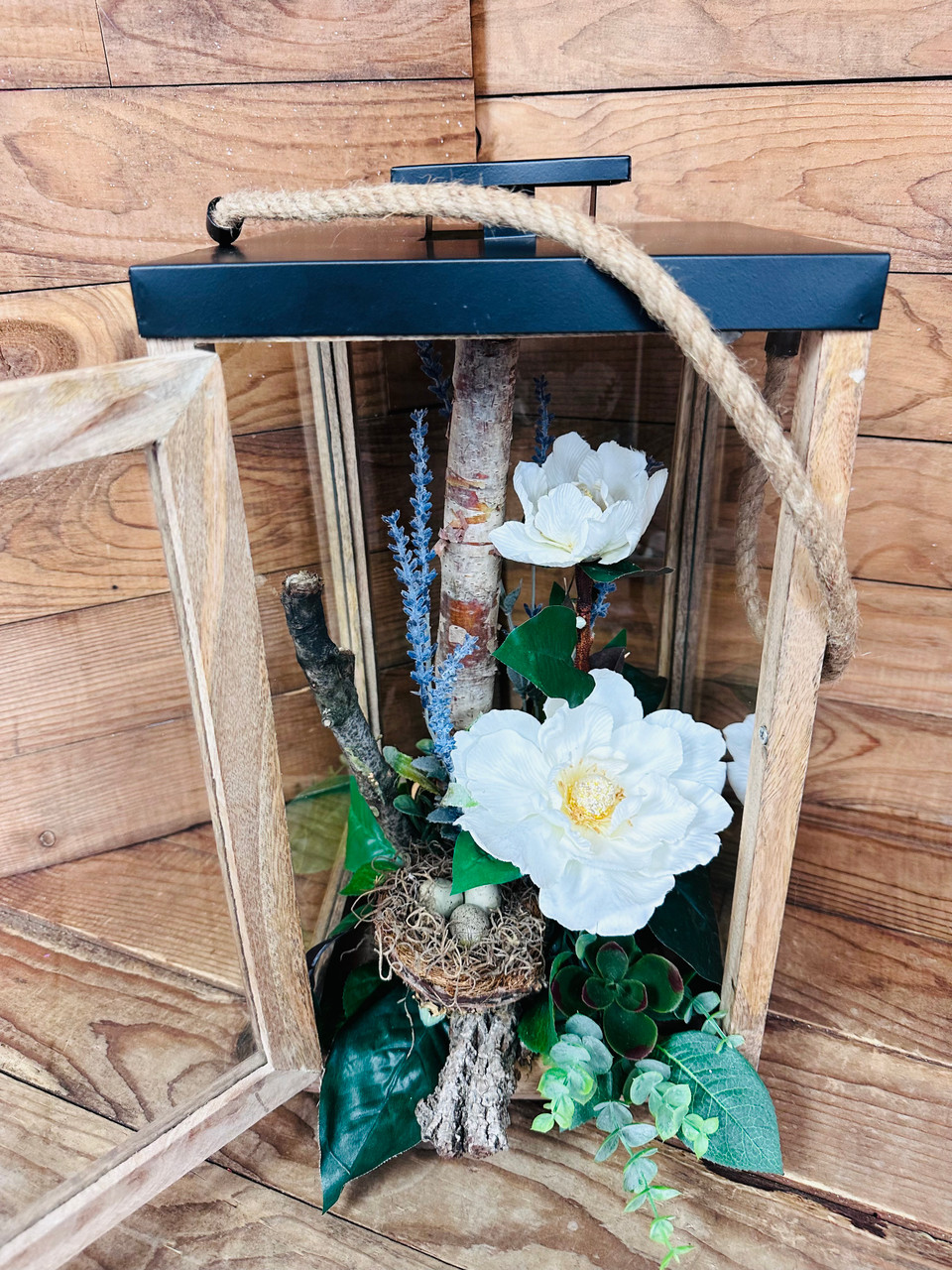 18” Magnolia and Birch Wood Lantern with Nest - Centerville Florists