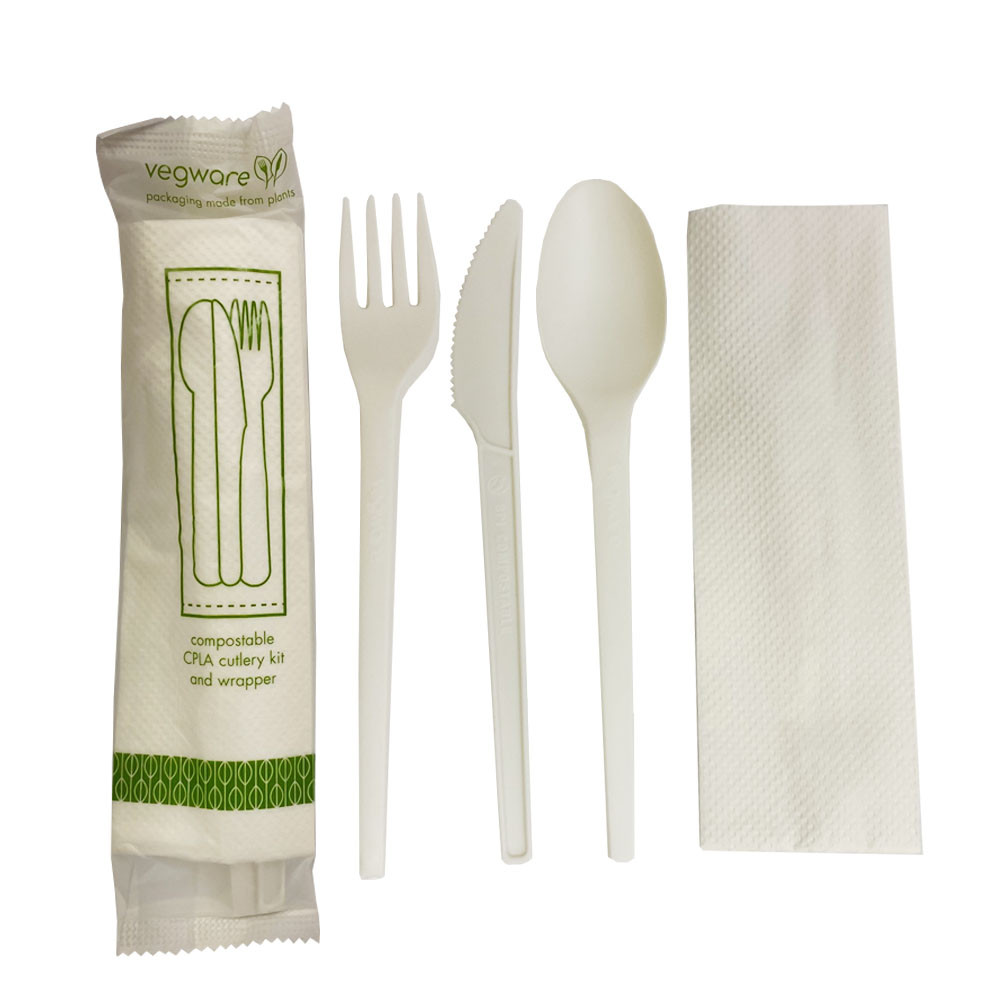 VEGWARE VW-KFSWN Vegware Wrapped White 6.2" Compostable Fork, Knife ...