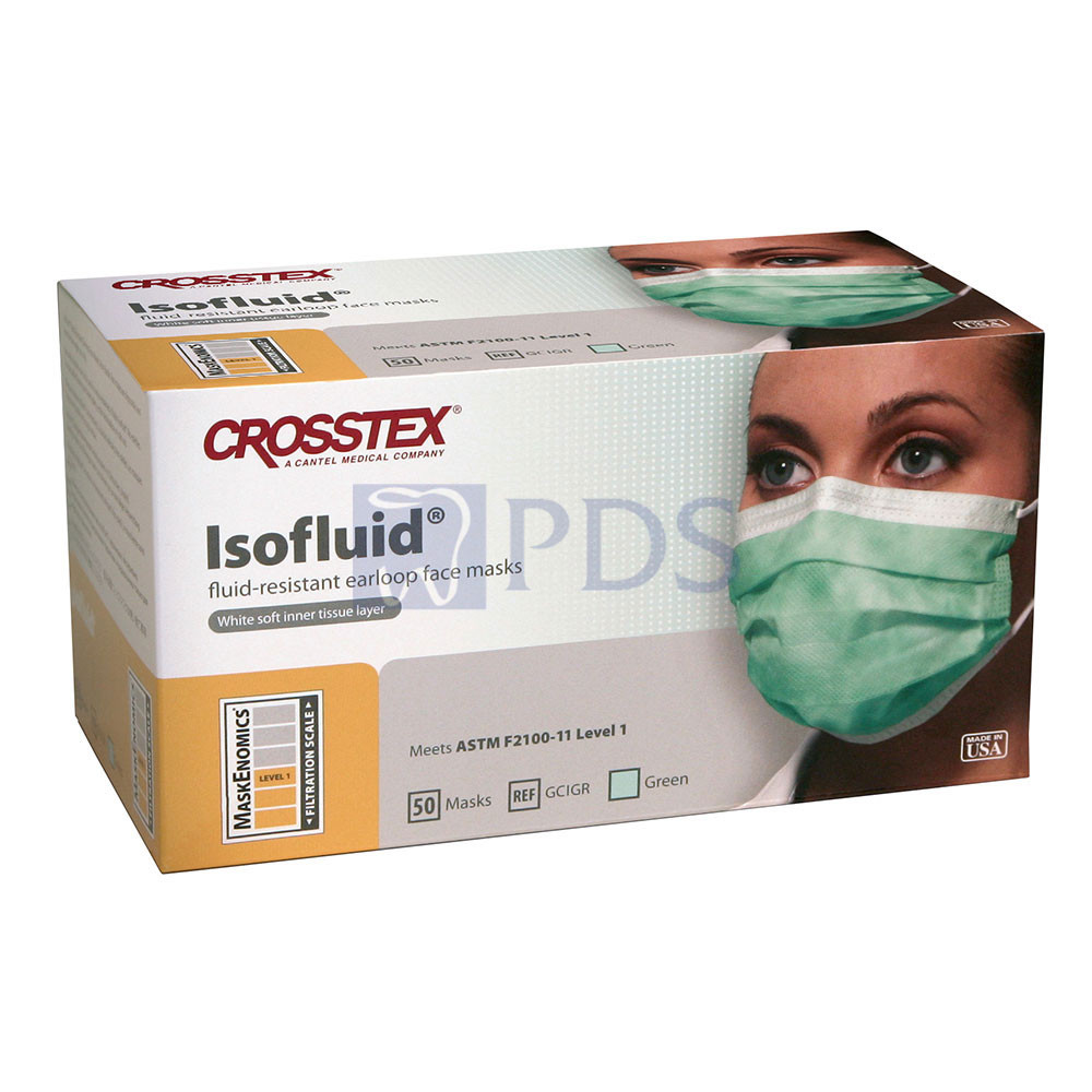 Crosstex Isofluid Earloop Mask LF ASTM Level 1, Green, 50/bx | ODS ...