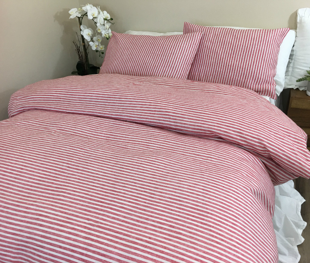 Red And White Striped Duvet Cover Natural Linen Custom Size Queen