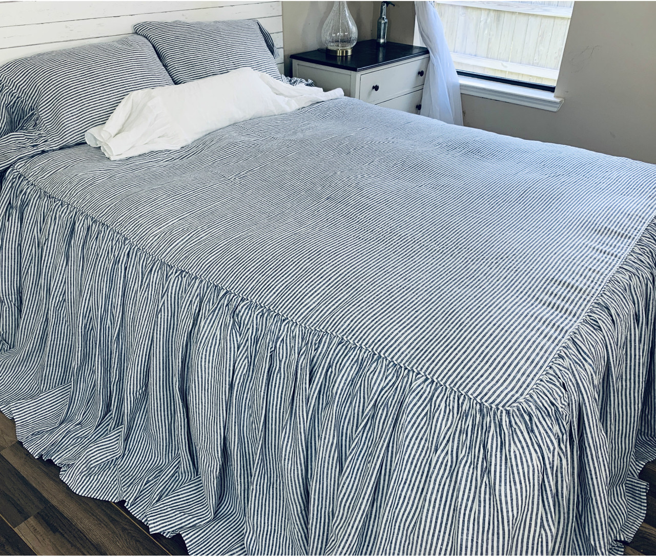 Denim Navy and White Striped Linen Bedspread, made to fit all size bed