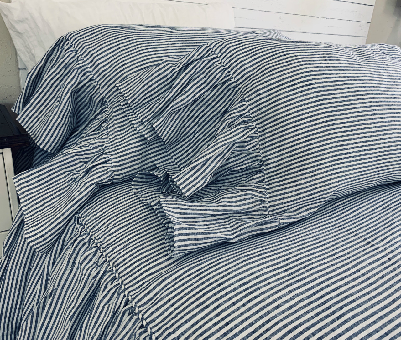 Denim Navy and White Striped Linen Bedspread, made to fit all size bed