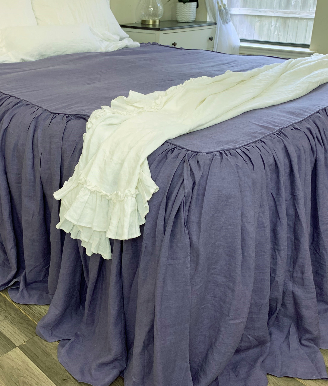 Plum Purple Linen Bedspread, Ruffled Bed Cover