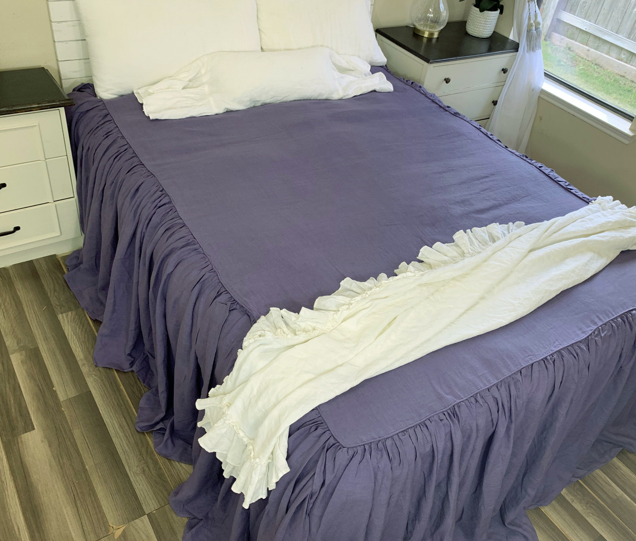 Plum Purple Linen Bedspread, Ruffled Bed Cover