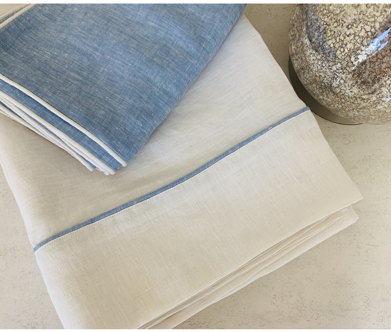 Natural Linen Bed Sheet with Cording Accent, 80+ colors