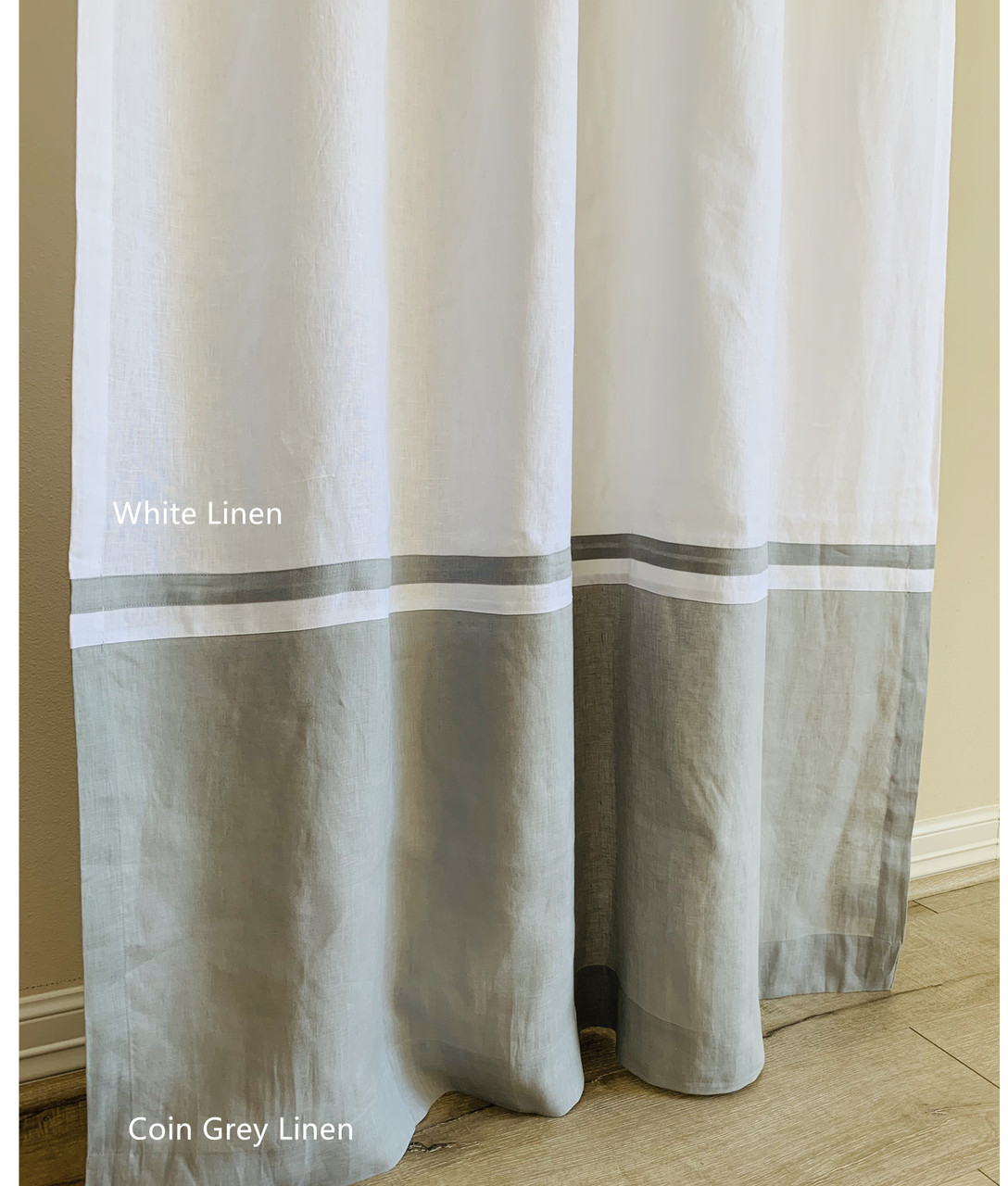 White Linen Shower Curtain with Coin Grey Linen Block and Stripe, All ...