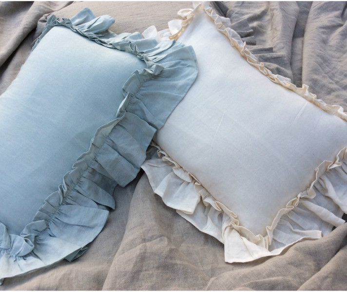 Cream Linen Euro Sham Cover with Vintage Ruffles, Pillowcases