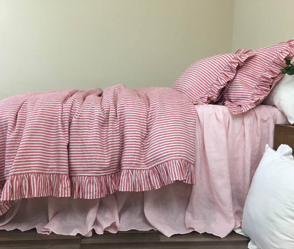 Red and white Striped Ruffle Duvet Cover