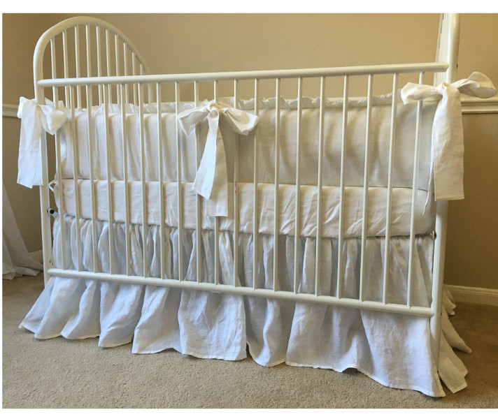 White Crib Bedding Set with Ruffled Bumper, Gathered Crib Skirt ...