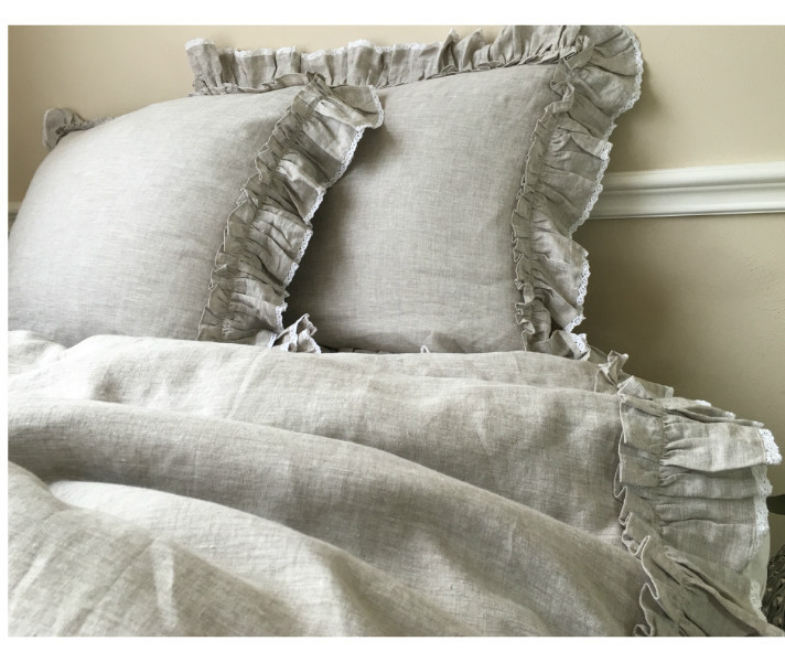 Natural Linen Vintage Ruffle Duvet Cover with White Lace | Handcrafted ...