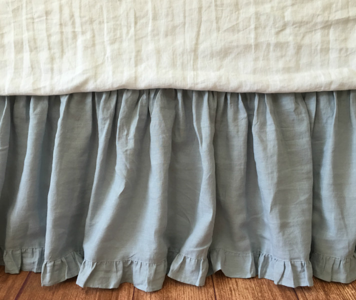 Duck Egg Blue Linen Gathered Bedskirt with Ruffle Hem | Handcrafted by ...