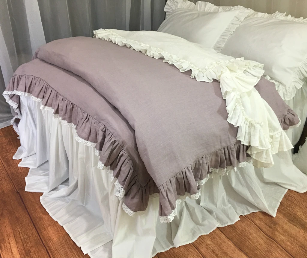 Orchid linen ruffle duvet cover with lace hem