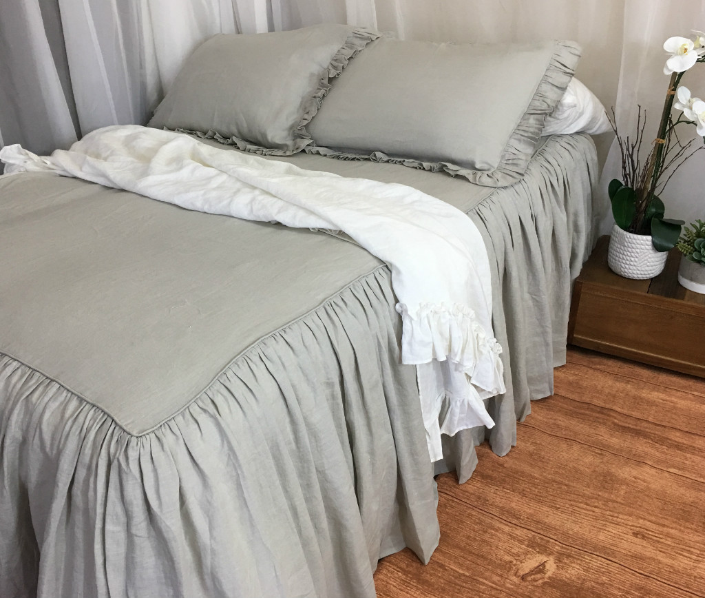 Stone Grey Bedspread with Gathered Ruffle, Ruffle Bed Cover