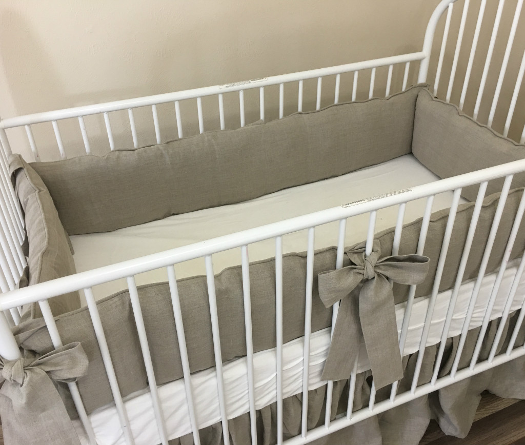 Dark Linen Baby Bedding Set with Sash Ties, Rustic Nursery Charm!