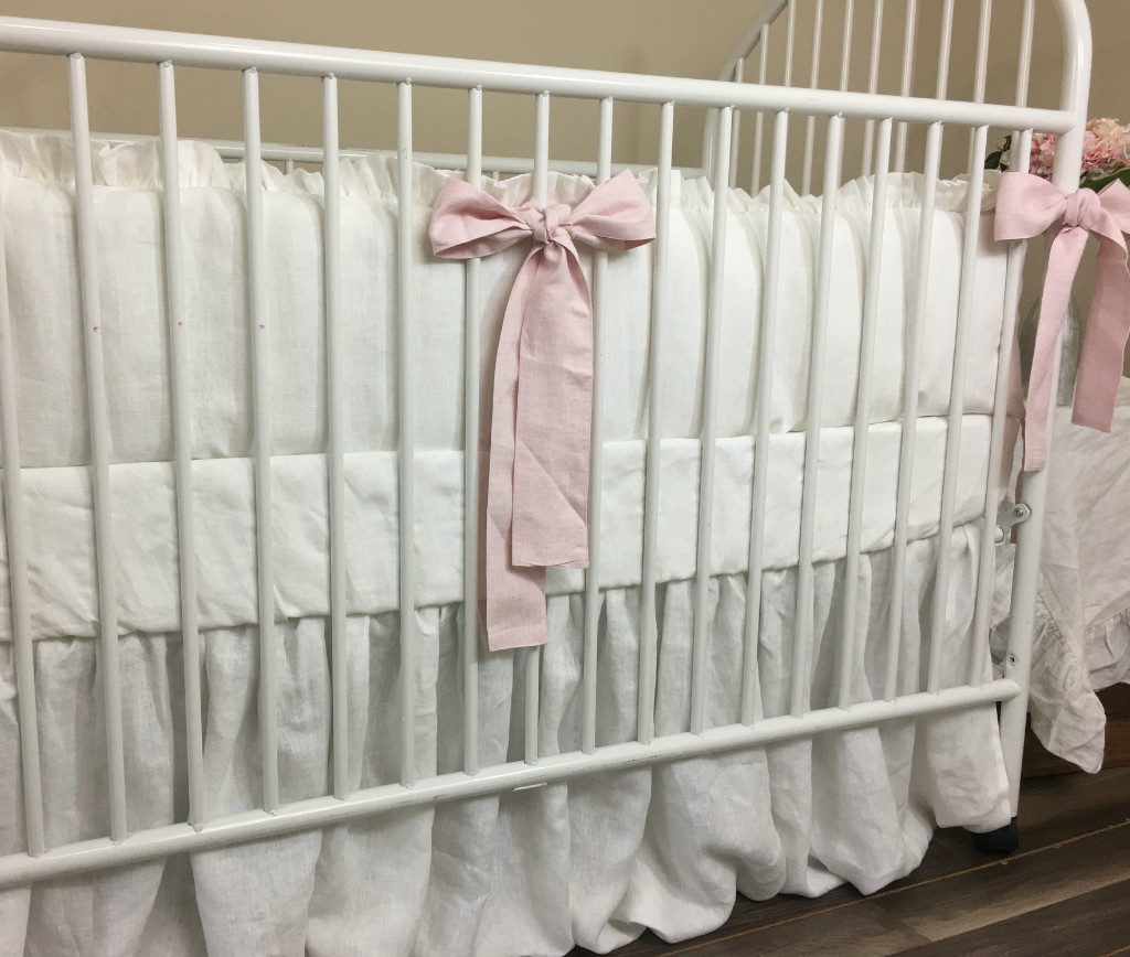 Soft White linen baby bedding set Blush Pink Sash Ties