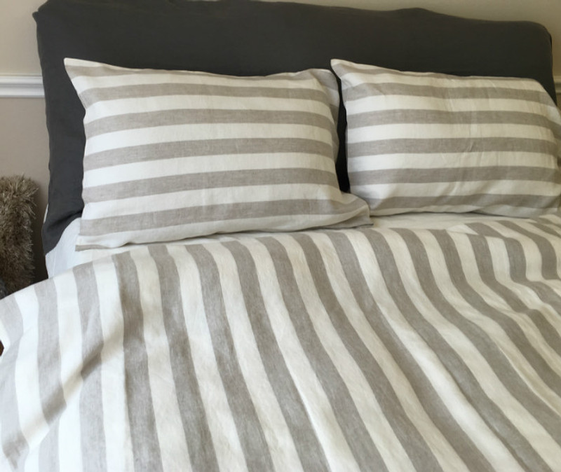 Striped Duvet Cover Natural Linen Custom Size Queen King Calif King Twin