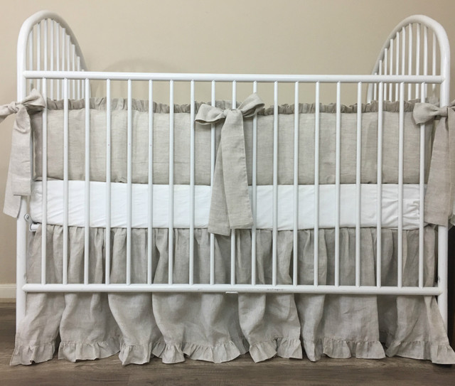 Natural Linen Crib Bedding Set - Ruffled Bumper w. Sash Ties, Gathered ...