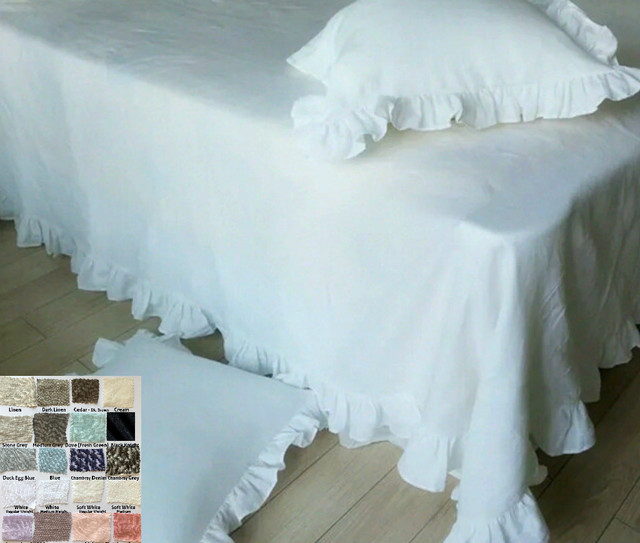 Natural Linen Bed Throw Blanket with Ruffles, Luxe ruffles throw ...
