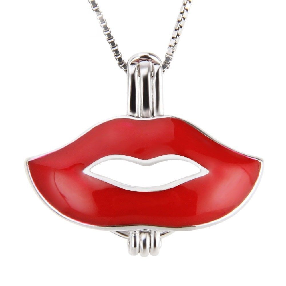 Pearl in Oyster Necklace Set w/Sterling Silver Red Lips Pendant