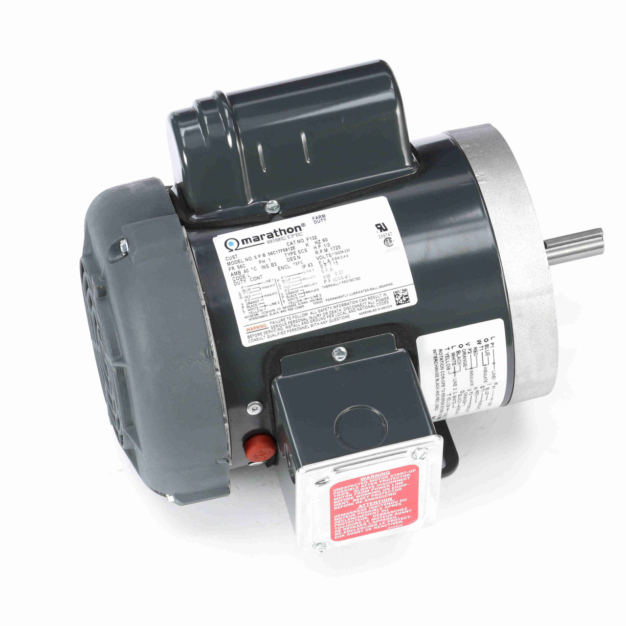 F132, 1/2 Hp, 1800 Rpm, 56C FR, 115/208-230 V, 1 PH, TEFC, C-Face ...