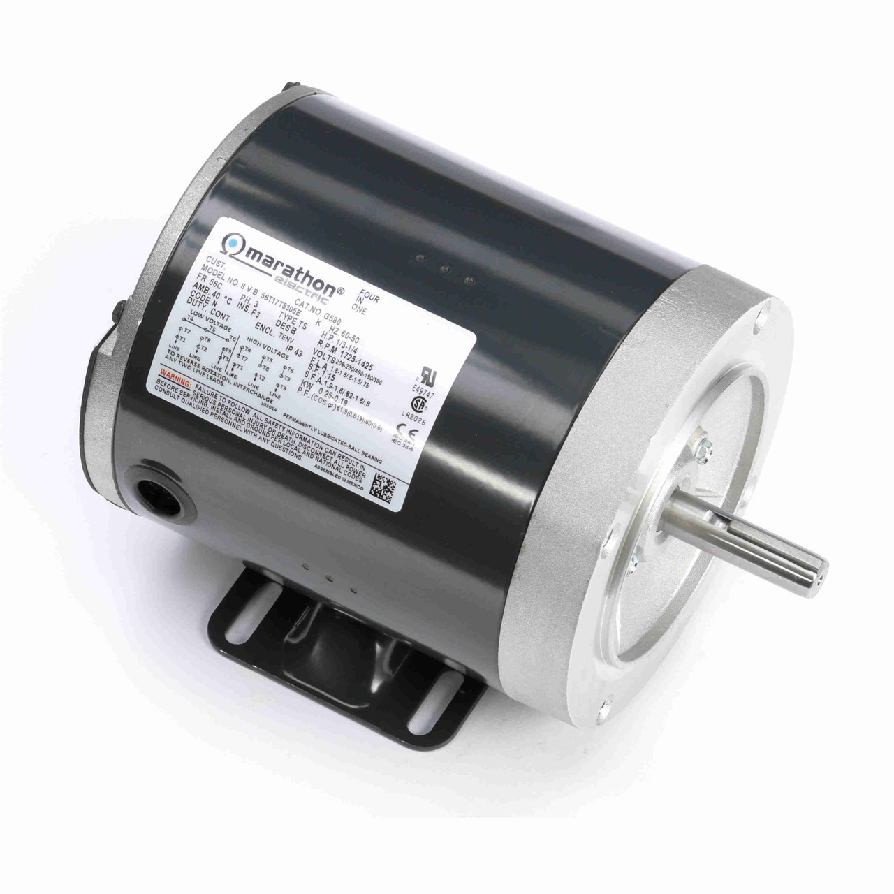 G580 1/3 Hp, 1800 Rpm, 56C FR, 208-230/460 Vac, 3 PH, TENV, Bold-On Base, General Purpose ...