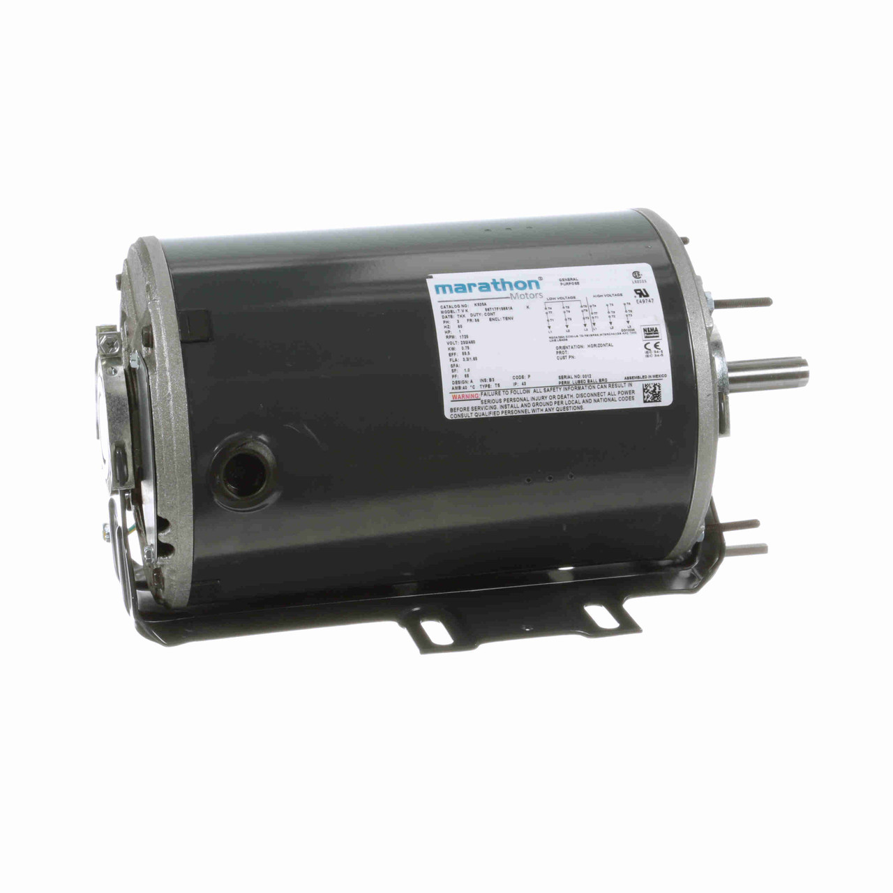 K525A, 1 Hp, 1800 Rpm, 56 FR, 230/460 Vac, 3 PH, TENV, Resilient Base ...