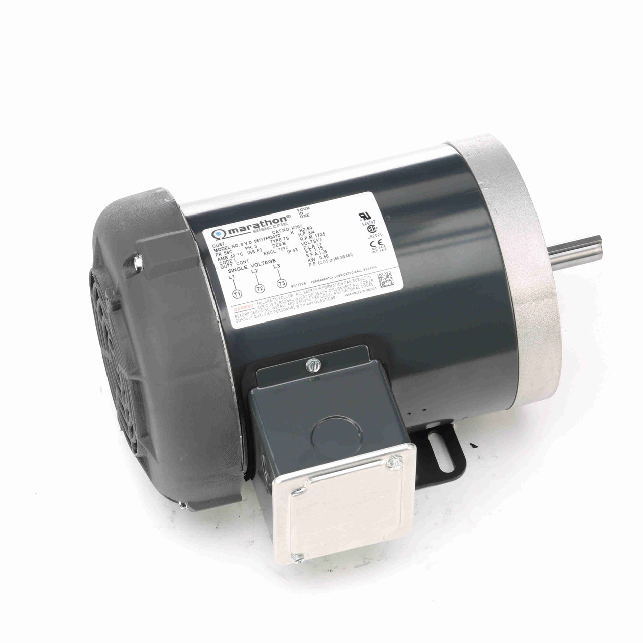 K707, 3/4 Hp, 1800 Rpm, 56C FR, 575 Vac, 3 PH, TEFC, C-Face Footed ...