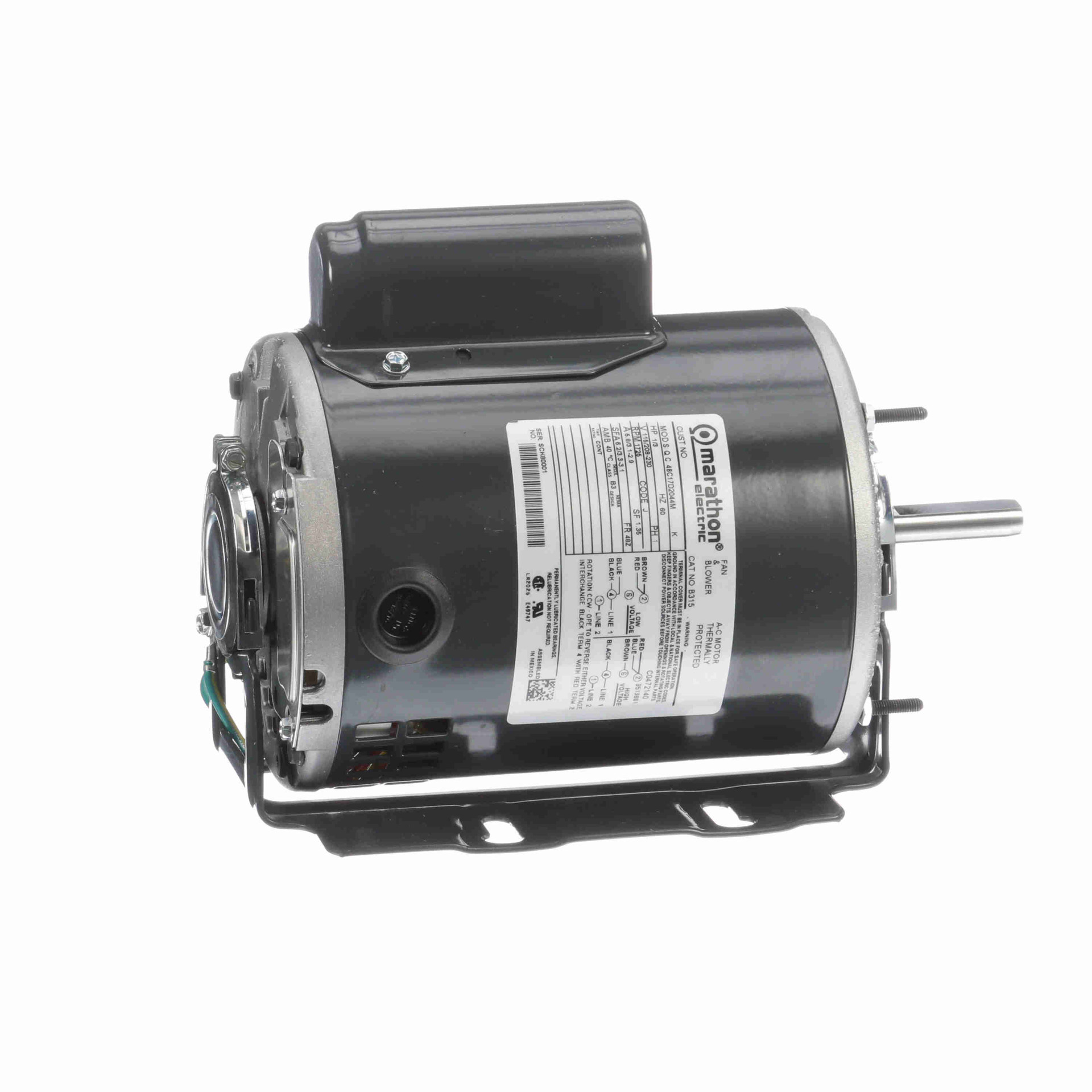 B315, 1/3 Hp, 1725 Rpm, 48YZ FR, 115/208-230 Vac, 1 PH, Dripproof ...