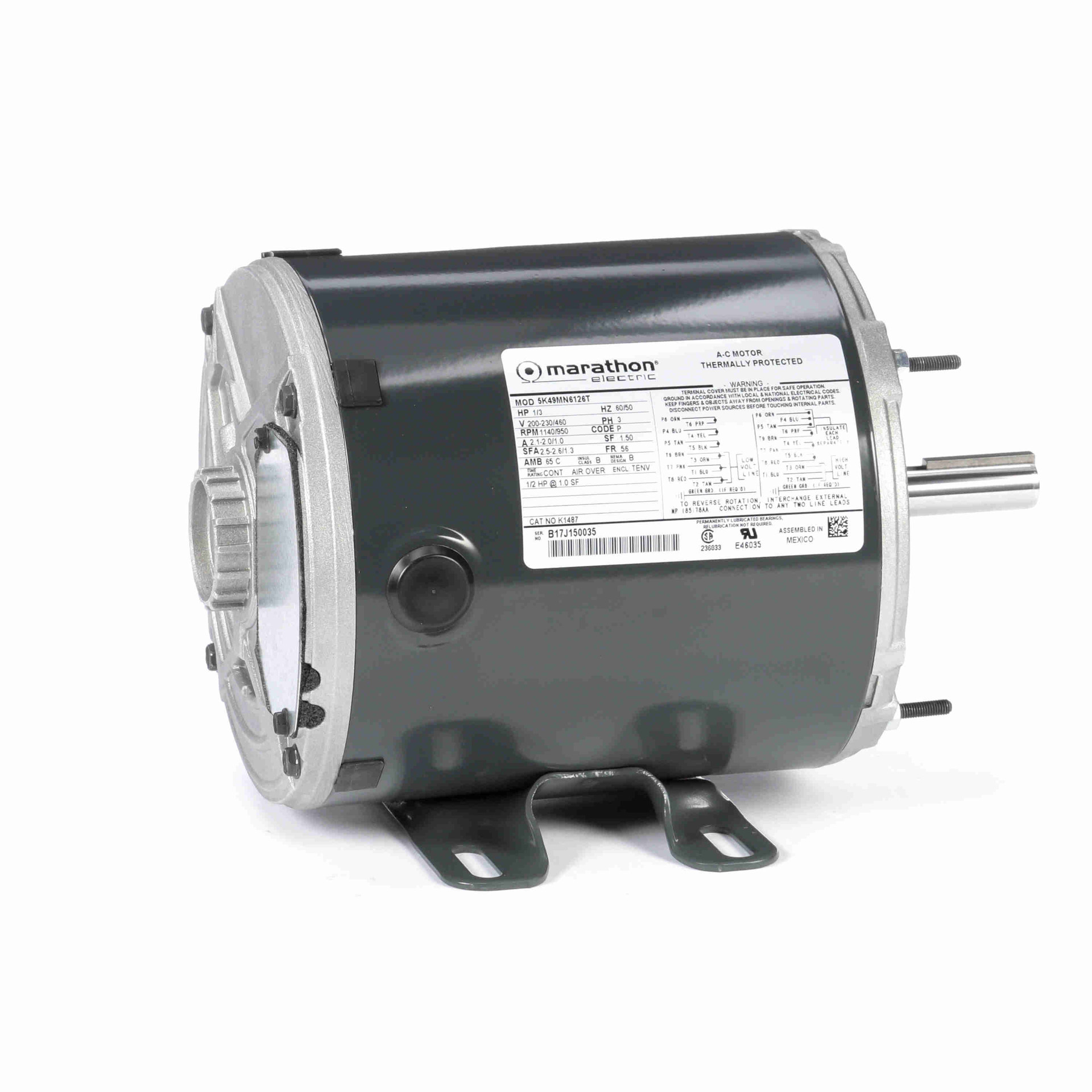 K1487, 1/3 Hp, 1200 Rpm, 56 FR, 200-230/460 Vac, 3 PH, Unit Heater Fan ...