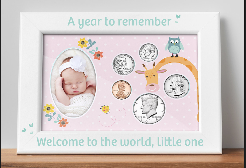 Baby's Birthyear Coin and Photo Frame