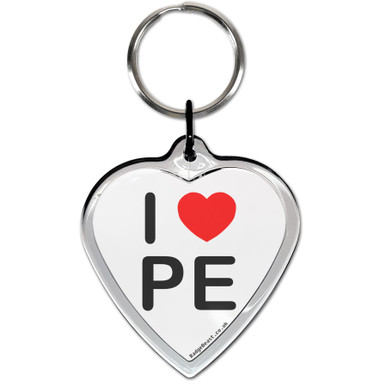I Love PE - Heart Shaped Key Ring | BadgeBeast.co.uk