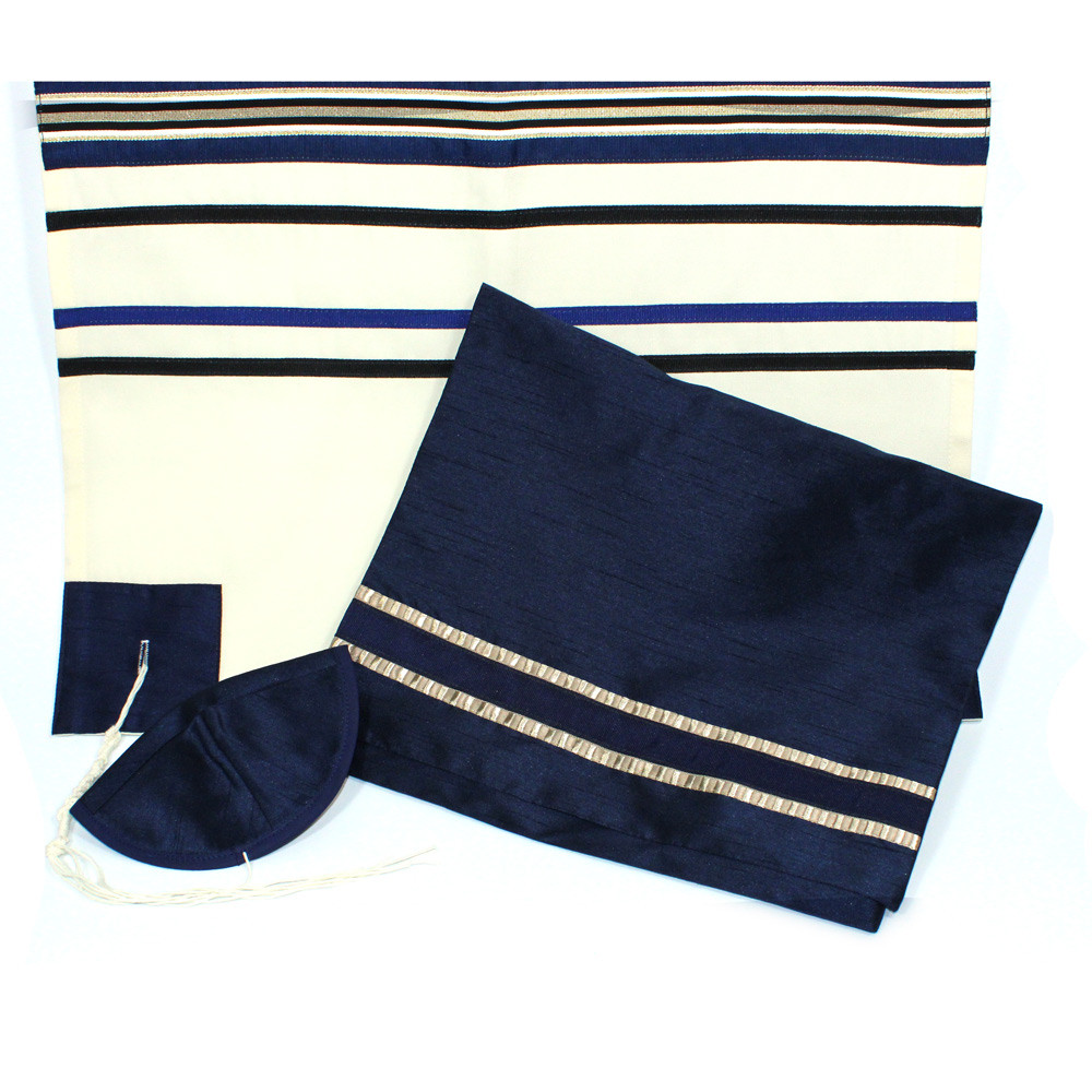 Black, Blue, And Gold Stripe Tallis Set
